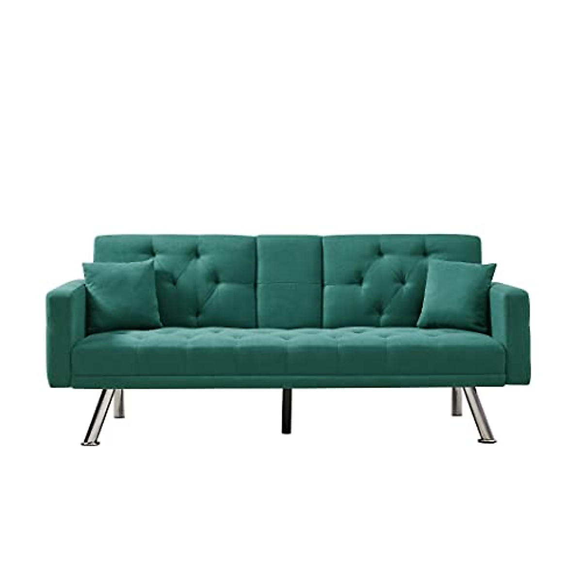 Eafurn Linen Upholstered Convertible Folding Futon Bed, Button Tufted Loveseat Compact Living Space, Apartment, Dorm, Bonus Room w/Metal Legs, 2 Cupholders,Comfy Sofa & Couches, Green 75.59"