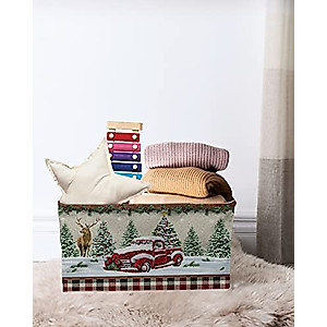 Christmas Storage Bins, Christmas Truck Xmas Tree Elk Snowflake Red Green Plaid Storage Baskets for Organizing Closet Shelves Clothes Decorative Fabric Baskets Large Storage Cubes with Handles