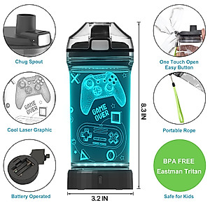 Lightzz Kids Water Bottle with 3D Glowing Game Console LED Light - Tritan BPA Free - Travel Cup Gift for Back to School Girl Boy Child Holiday Camping Picnic - 14 Oz