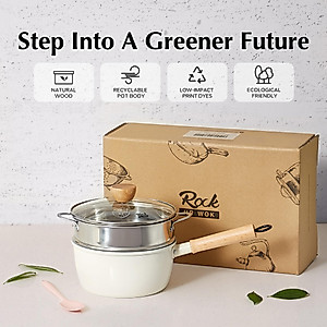 ROCKURWOK Ceramic Nonstick Sauce Pan with Lid, 2 Quart Cooking Pot, Small Saucepan with Steamer, PTFE & PFAS-Free, Wooden Handle for Cool Touch, Universal Base(Gas, Electric & Induction), White