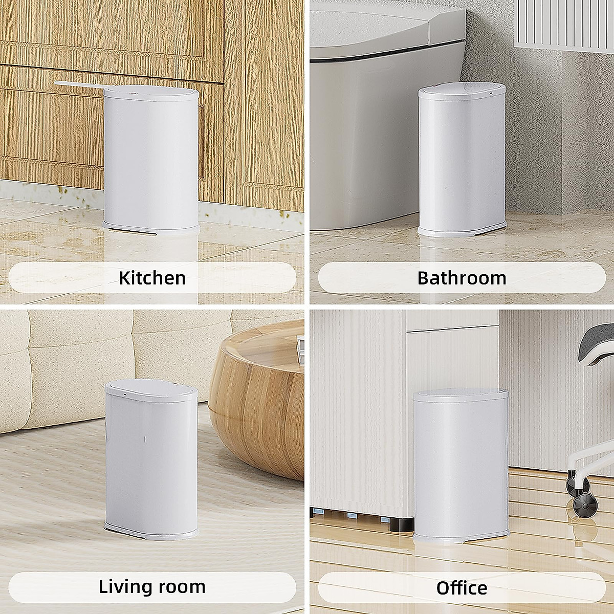 KUK Stainless Steel Bathroom Trash Can Automatic Touchless with Removable Inner Bucket, Waterproof, 1.6 Gallon Smart Trash Can with Lid for Bathroom Bedroom, Office - White