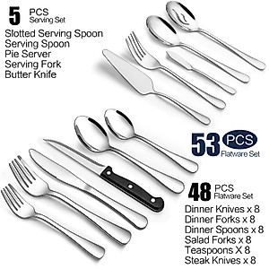 53-Piece Silverware Set with Steak Knives, Flatware Set for 8, Food-Grade Stainless Steel Tableware Cutlery Set with Serving Utensils, Utensil Sets for Home Restaurant, Mirror Finish, Dishwasher Safe