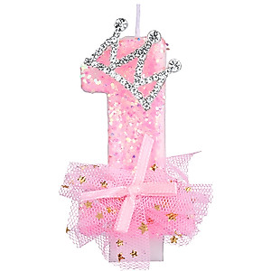 Birthday Number Candles, 2.95 Inch Crown Bow Mesh Candle Glitter Pink Number Candles Cake Topper Birthday Candles with Sequins for Anniversary Celebrations Supplies (Number 1)