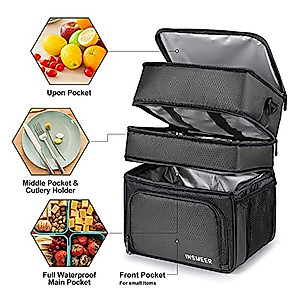 INSMEER 3 Compartments Lunch Box, 20L Large Lunch Box for men Insulated Lunch Bag with Sturdy Bottom/Shoulder Strap/Waterproof Zipper, Lunch box For Work/Office/Driver/Beach/Picnic (Black)