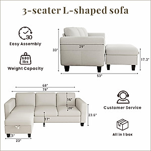 Couches for Living Room - Sectional Sofa L Shaped Cloud Couch-Small Modular 3 Seat-Comfy Linen with Storage Deep Seat Sofa,Washable Covers-Suitable for Living Room-Apartment-Office-Bedroom-Beige