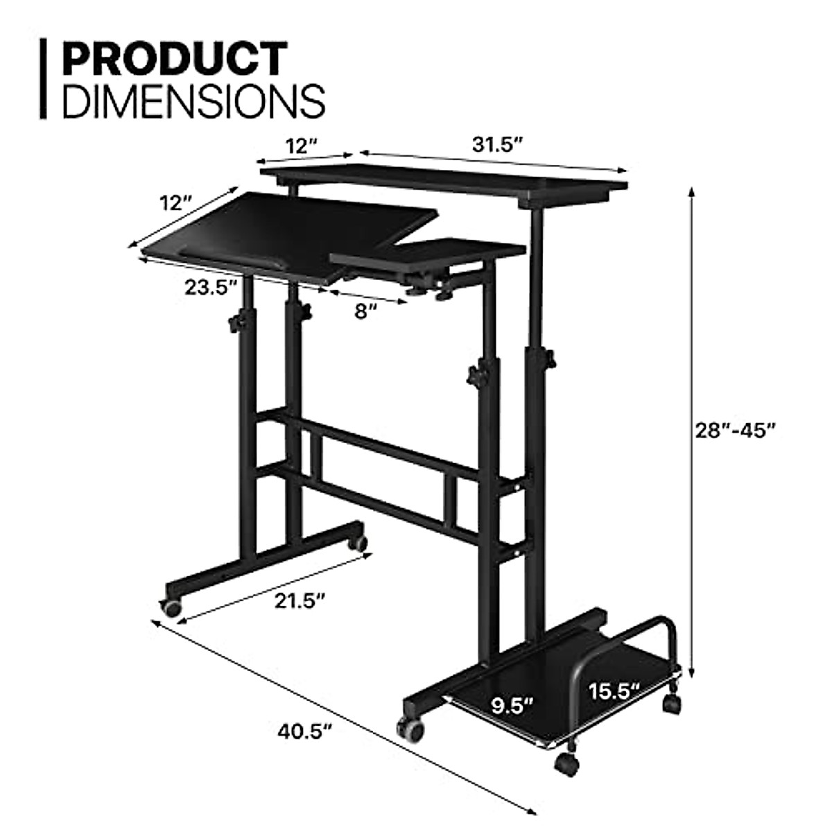 MoNiBloom Mobile Standing Desk Adjustable Height Workstation Rolling Presentation Cart Stand Up Laptop Table with Side Storage for Home Office Classroom with Wheels, Black