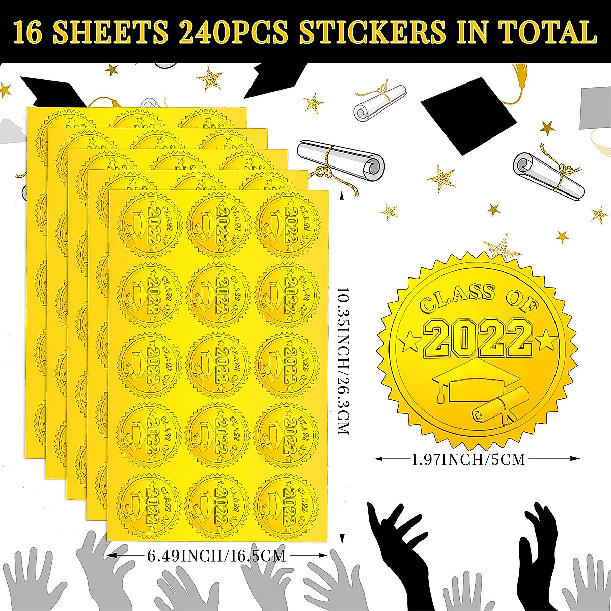 240 Pcs Embossed Graduation Cap Diploma Gold Certificate Seals Class of 2022 Foil Envelope Seal Stickers Gold Graduation Seals Decoration Labels for Envelopes Diplomas Certificates Graduation, 2 Inch