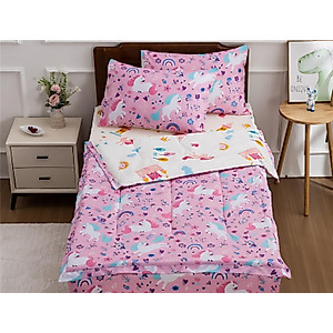 Meeting Story 3pcs Kids Comforter Sets Zipper Bedding Set for Girls,Twin Kid Bedding Set Rainbow Comforter Unicorn Bedding Set for Kid,All in one Zipper Bedding(Pink，Twin