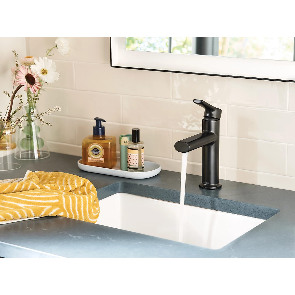Moen Meena Matte Black One-Handle Single Hole Modern Bathroom Sink Faucet with Optional Deckplate and Drain Assembly, 84794BL