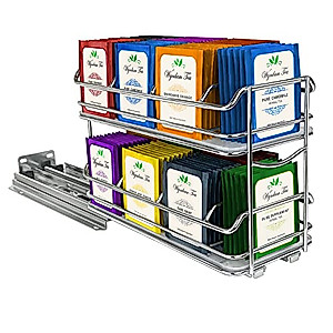 LYNK PROFESSIONAL® Slide Out Tea Bag Holder Organizer - Double Upper Kitchen Cabinet Pull Out Rack, Organize Up To 140 Tea Bags - Lifetime Limited Warranty - Chrome