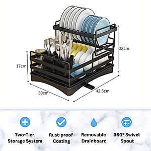 T & B Home Large Dish Drying Rack - Two Tier Kitchen Counter Dish Rack with Drainboard, Includes Swivel Spout and Utensil Holder, Space Saving Large Dish Drainer, Black