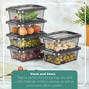 Tribello Small Storage Container Bin With Lids, 1.25Q Mini Plastic Storage Container With Latching Lids For Organizing - Tinted - (8’ x 6” x 3”) 1.25 Quart - Set of 6 - Made in EU