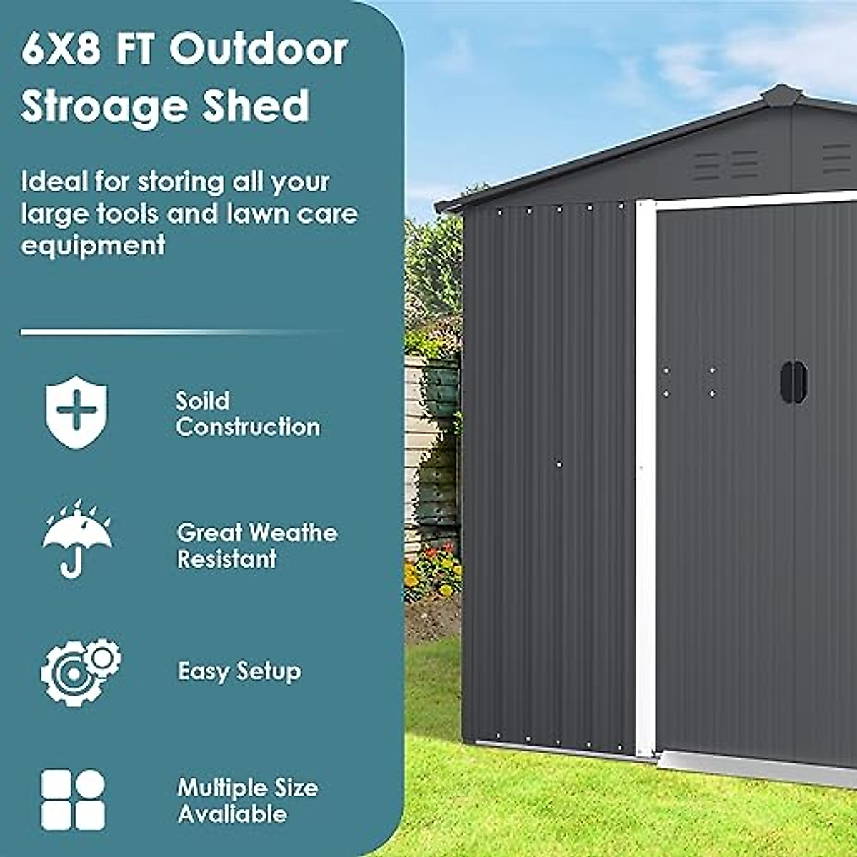 Incbruce 6X8 Ft Outdoor Storage Shed, Double Sloping Roof Metal Shed, Garden Storage Shed with Sliding Door, Metal Shed Kit with Double Doorknobs and Air Vents (Grey)