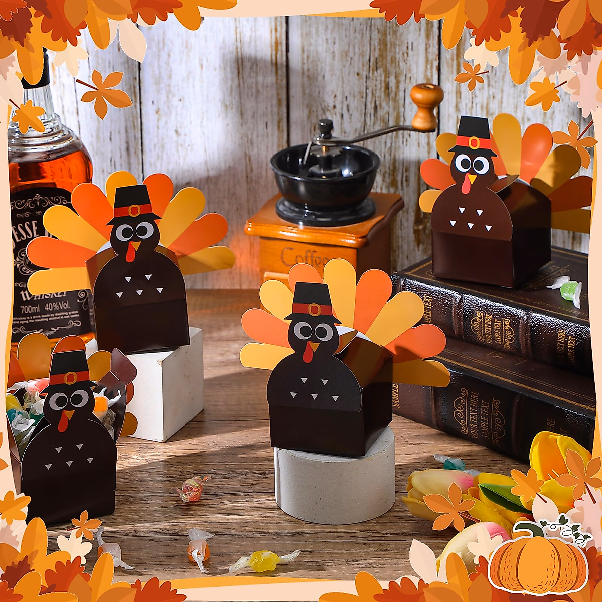 Cholemy 50 Pcs 3D Thanksgiving Gift Boxes DIY Thanksgiving Treat Boxes Thankful Turkey Goodies Box Candy Box Cupcake Box Thanksgiving Party Favor for Table Centerpiece Decoration, 2.36x2.36x1.97''