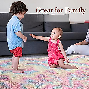 VUDECO 5x8 Large Fluffy Rainbow Rug Colorful Rug for Kids Rug Playroom Bedroom Rugs for Girls Bedroom Area Rug Living Room Rug Rainbow Carpet for Kids Girls Room Fuzzy Rug Large Fur Pink Rug Bedroom
