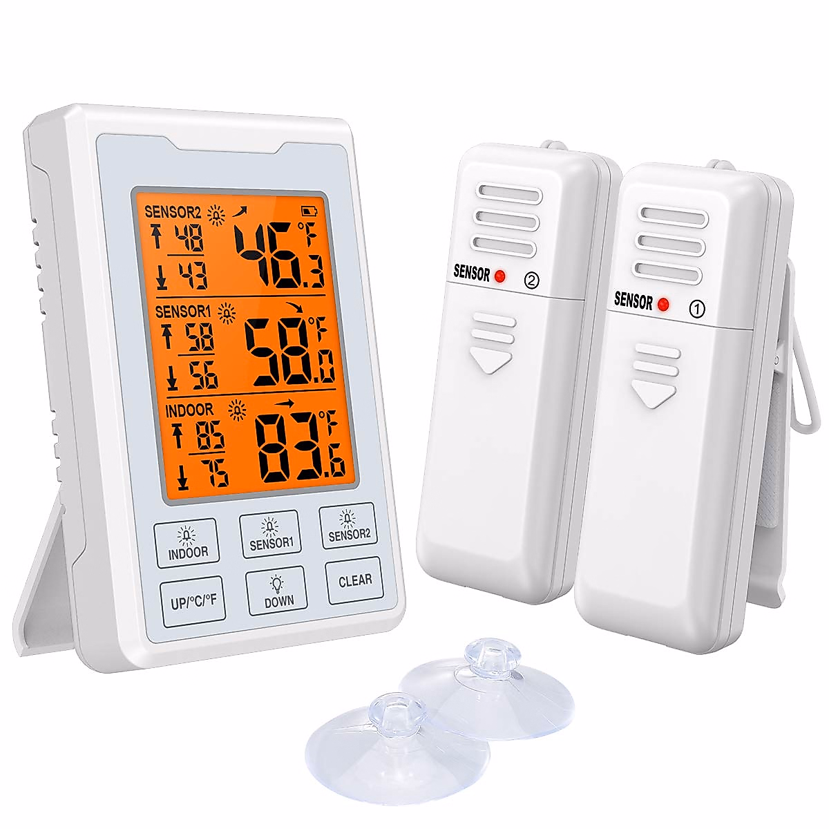 Refrigerator Thermometer, Wireless Digital Freezer Thermometer with 2 Sensors, Audible Alarm, Min and Max Record, Large LCD Display for Home, Restaurants, Bars (Battery not Included)