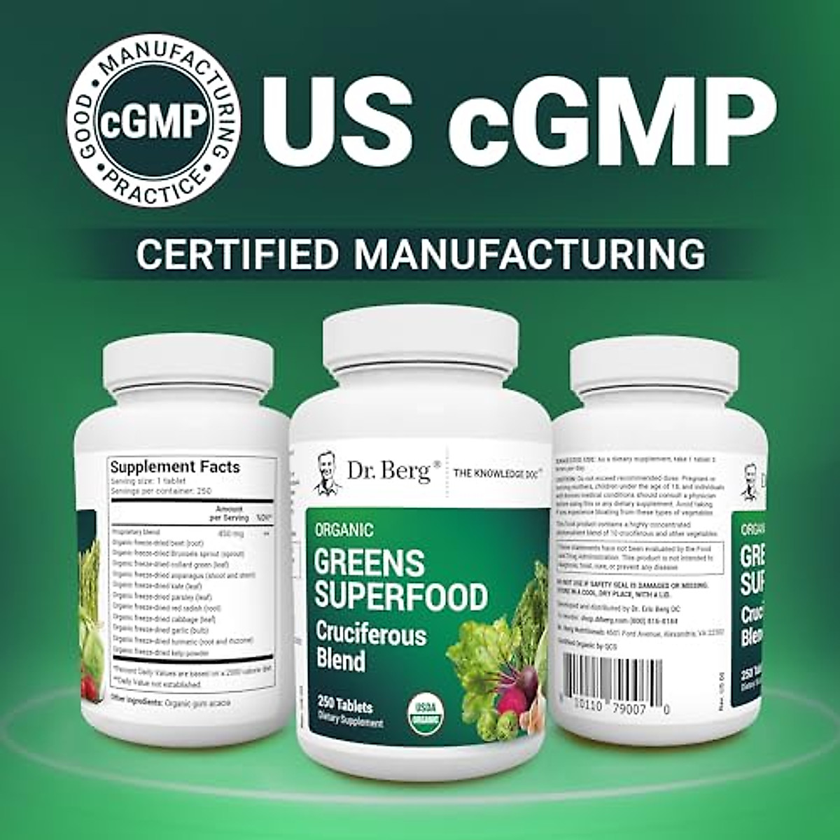 Dr. Berg's Greens Superfood Cruciferous Vegetable Tablets - Vegetable Supplements for Adults w/ 11 Phytonutrient Super Greens Tablets - Energy, Immune System & Liver Veggie Tablets - 250 Tablets