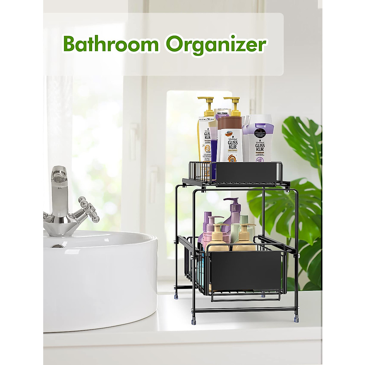 Docusvect Under Sink Organizer, 2-Tier Metal Under Cabinet Sliding Storage, Under Kitchen Sink Organizer, Under Sink Organizers and Storage with Hooks, Organizer for Bathroom Kitchen (Steel-1Pack)