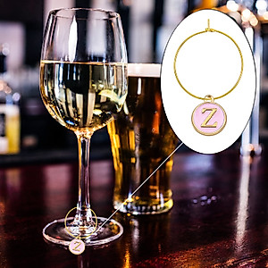 Aylifu 52pcs Round Pink Enamel Initial Letter Charms and 60pcs 25 mm Golden Wine Glass Rings Drink Identifiers Markers for Wedding Champagne Party Decoration Supplies Gifts