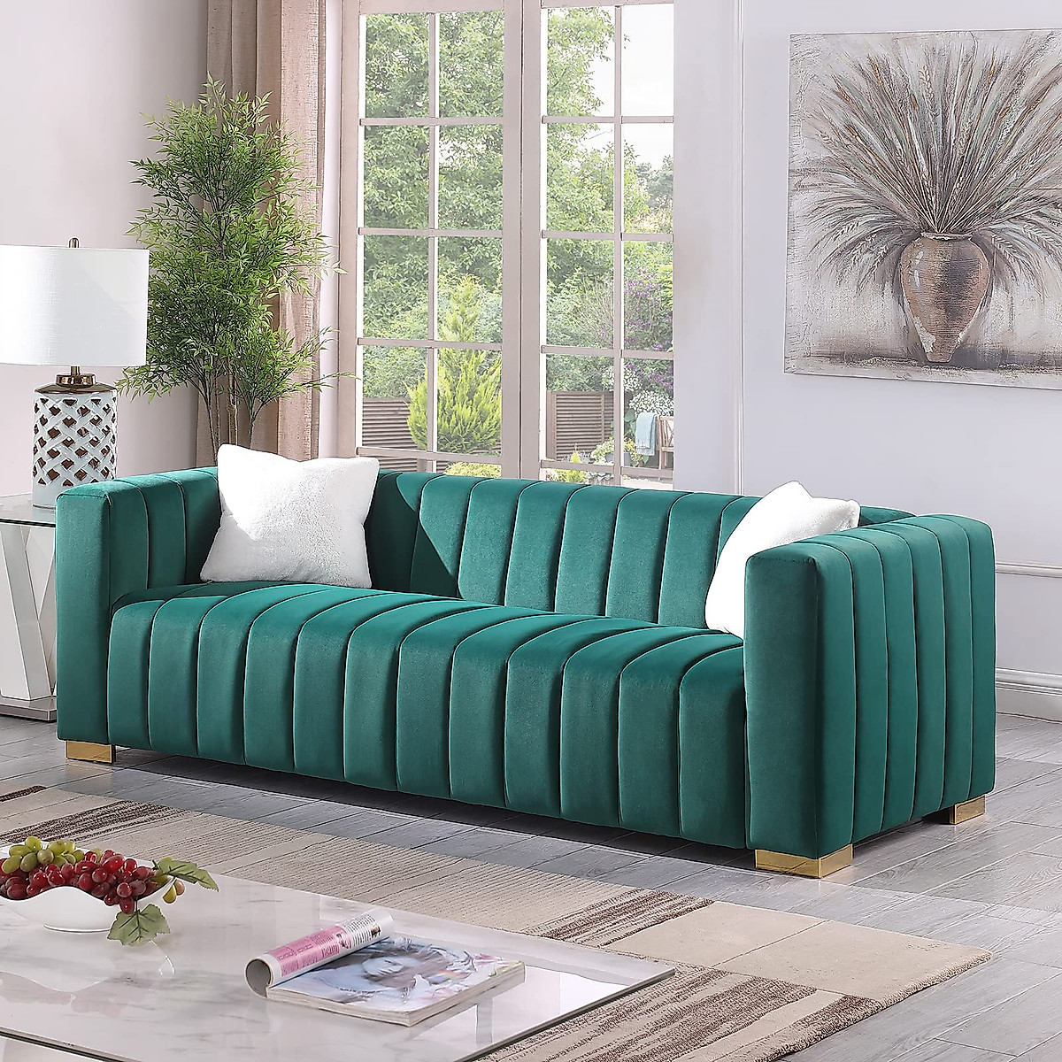 JURMALYN 87" Velvet Sofa Couch for Living Room, Modern 3-Seater Couch Chesterfield Sofa Upholstered Couch with Gold Leg&Pillows for Apartment, Office, Small Space - Green