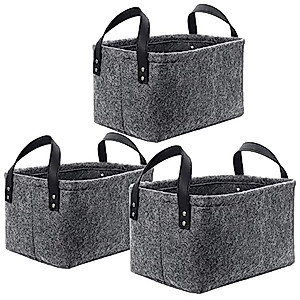 MILILOVE 3Pack Felt Fabric Storage Basket, 10x15x11 Foldable Felt Storage Collapsible Bin with Leather Handles, Open Storage Bins for Shelves Closet Magazine Toys Clothing Underwear(Color: Dark Grey)