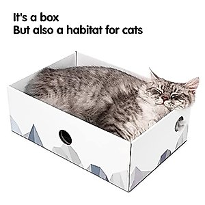 Conlun Cat Scratcher Box with Cat Scratching Pad Portable 3-Layer Corrugated Cardboard Lounger Heavy-Duty Double-Sided Cardboard Cat Scratcher and Interactive Hole Design White (Medium)