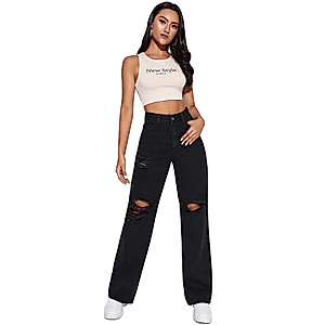 SweatyRocks Women's High Waist Slant Pocket Denim Jeans Ripped Straight Leg Pants Plain Black M