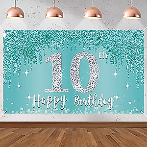 Teal Silver 10th Birthday Banner Decorations for Girls, Breakfast Blue Happy 10th Birthday Backdrop Party Supplies, Ten Year Old Birthday Poster Background Photo Booth Props Decor