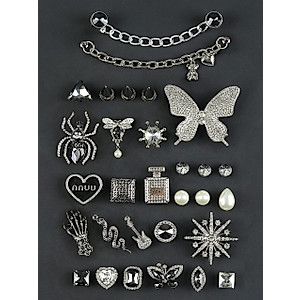 ZOKUZO Goth Bling Croc Charms Women Cute Designer Sliver Butterfly Punk Metal Jewels Rhinestone Gems Diamond Chains Crock Pins Shoe Charms Decorations Accessories for Adults Girl 30pcs