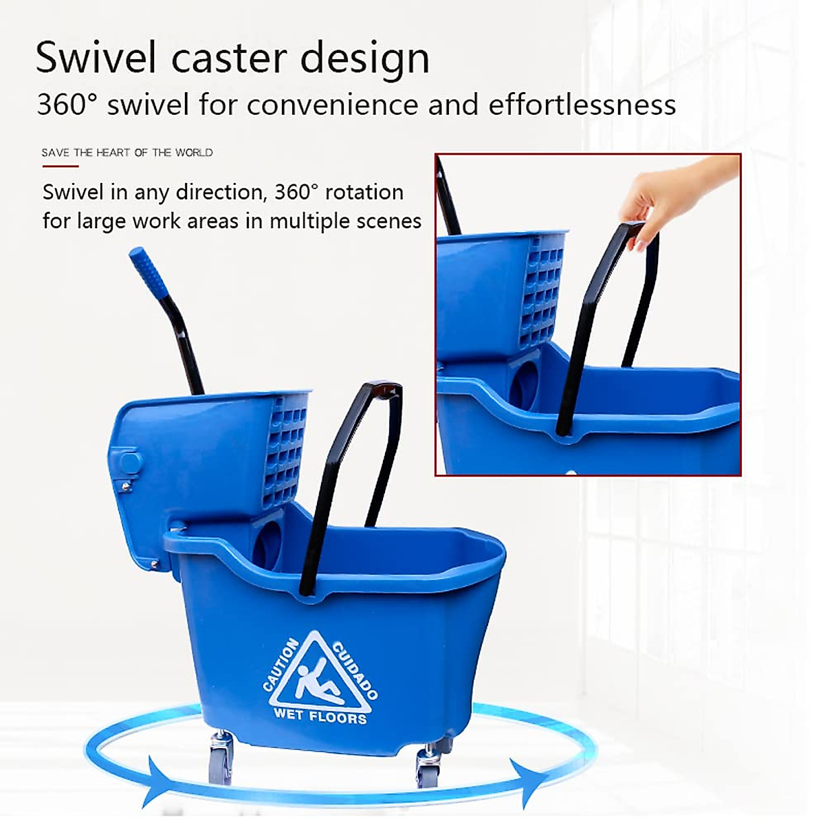 Side Press Wringer Combo Commercial Mop Bucket on Wheels, 33 Quart (Blue)