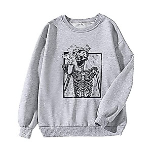 MODNTOGA Coffee Skeleton Sweatshirt Women Halloween Sweatshirt Long Sleeve Skeleton Drinking Coffee Crewneck Pullover Tops (Grey, M)