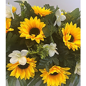 Cemetery Headstone Saddle Arrangement with Yellow Sunflowers and White Daisies-Grave Decoration