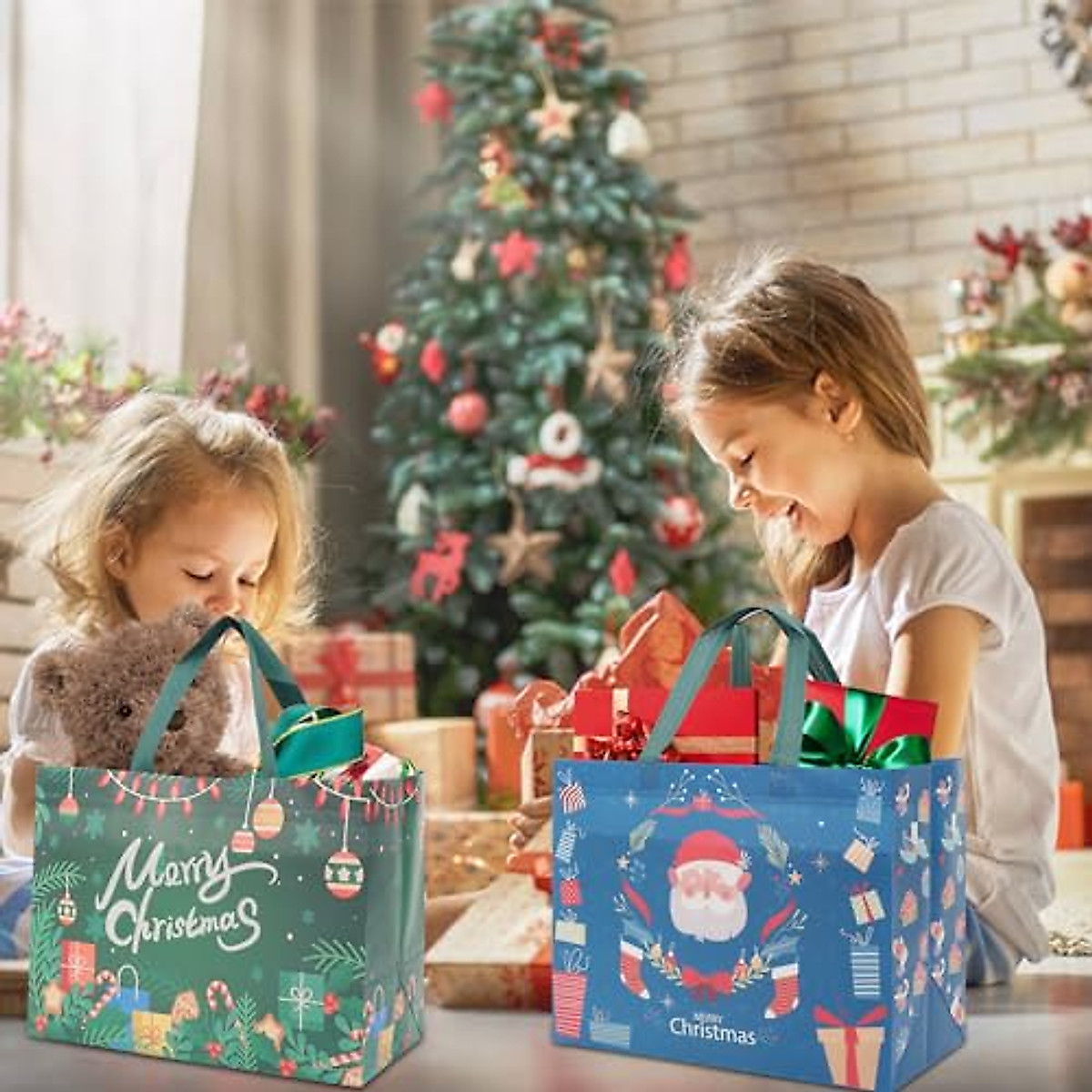 Amicably Gift Bags,18 PCS Large Reusable Tote Bags w/ Handles, Treat Bags, Multifunctional Non-Woven Bags Gifts Wrapping, Shopping, Xmas, Party Favor Bags, 12.8'' x 9.8'' x 6.7''