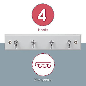 Home Basics 4 Hook Wall Mounted Key Holder Rack for Entryway, Kitchen, Bedroom – Organize Car Keys, House Keys, Small Accessories and Jewelry (White)