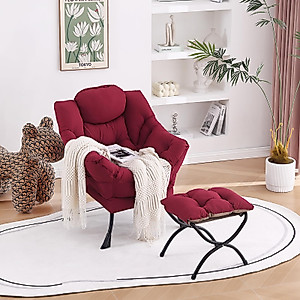 Welnow Lazy Chair with Ottoman, Modern Lounge Accent Chair with Armrests and a Side Pocket, Leisure Upholstered Sofa Chair Set, Reading Chair with Footrest for Small Space, Burgundy