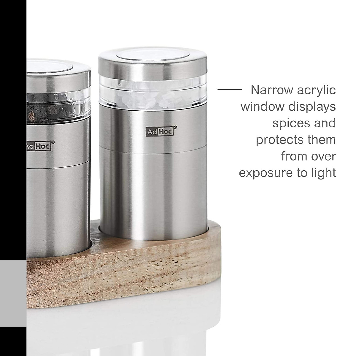 Adhoc Menage Molto Pepper and Salt Mills - Adjustable Salt & Pepper Grinders with a Wooden Carrying Tray - Refillable Spice Tools - Hand Wash Kitchen Tool - Stainless Steel, 5"