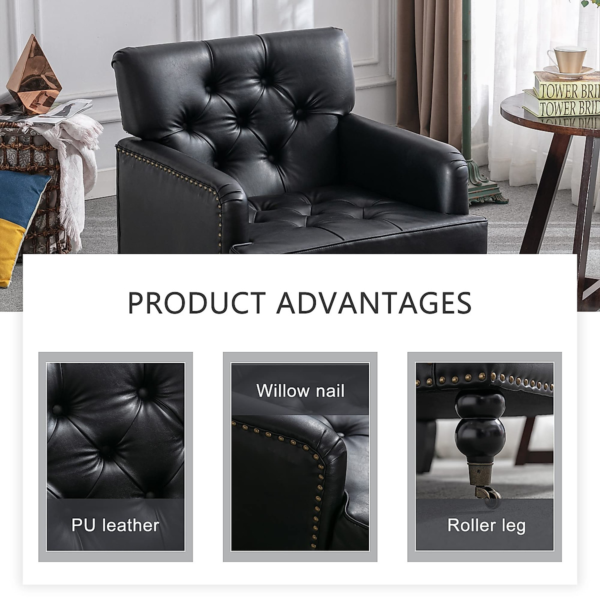 Nrizc Black Leather Club Chair, Mid Century Modern Accent Arm Chairs with Studded, Living Room Chairs with Solid Wood Frame, for Living Room, Bedroom, Reading, or Office