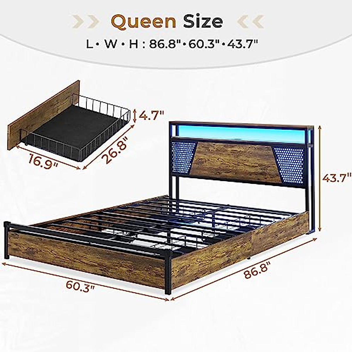 ADORNEVE LED Queen Bed Frame with Storage Headboard, Metal Platform Bed with Charging Station, Bed Frame with 4 Drawers, Storage Shelves, No Box Spring Needed,Noise-Free,Vintage Brown