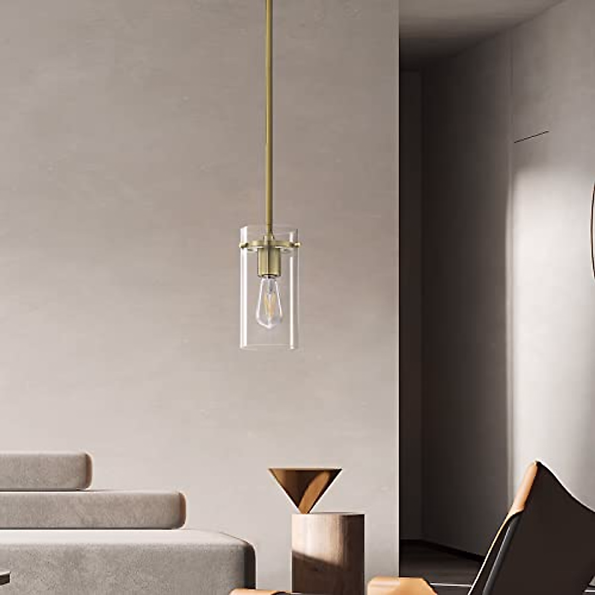 3 Pack 1 Light Indoor Mini Hanging Kitchen Island Modern Industrial Rod Pendant Ceiling Light Fixture,Brushed Bronze Finish Clear Glass Chandelier Shade for Bar Dining Room Over Sink