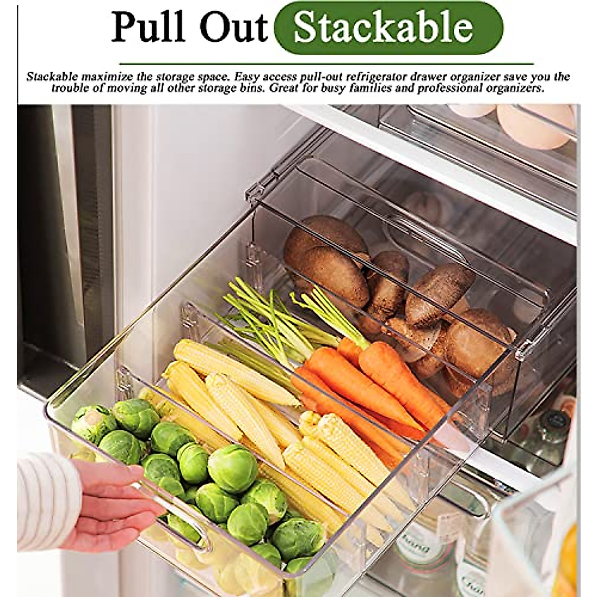 bealy 3 Pack Refrigerator Organizer Bins with Pull-out Drawer,Fridge Drawers Clear Stackable Storage Bins Containers for Freezer, Refrigerator, Fridge Organization,Kitchen Organization and Storage