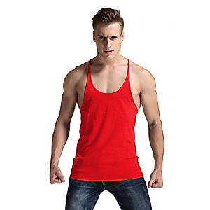 YAKER Men's Fitness Gym Tank Top Singlet Bodybuilding Stringers Sleeveless Muscle Shirt (XL, Red)