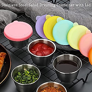 Rosyhome Salad Dressing Container Set, Reusable Stainless Steel Small Condiment Cup with Silicone Lids