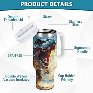 Slewiaeky Tumbler with Handle 40 oz Cool Beast Dinosaur T Rex Travel Mug with Lid and Straw Stainless Steel Vacuum Insulated Water Bottle Cup for Iced Tea Coffee Cold Beverages Cup Holder Friendly