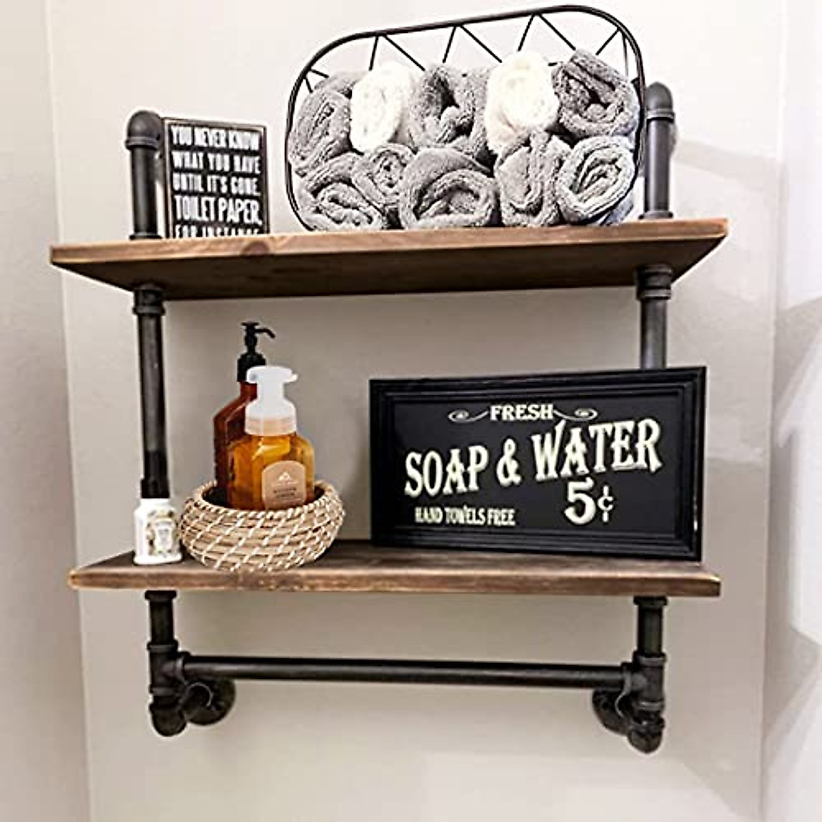 Rustic Bathroom Wall Shelves Industrial Pipe Wall Shelf for Bathroom,2-Tiers Wall Mounted Bathroom Shelves Over Toilet Storage Shelf