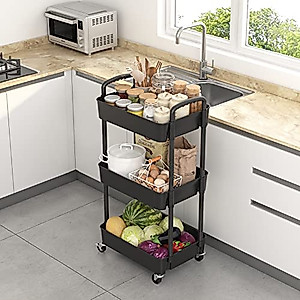 Sywhitta 3-Tier Plastic Rolling Utility Cart with Handle, Multi-Functional Storage Trolley for Office, Living Room, Kitchen, Movable Storage Organizer with Wheels, Black