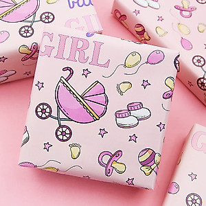 Baby Girl Birthday Wrapping Paper For Kids Girls, Stroller Baby Socks Nipple Balloons Designs Gift Wrap Paper for Birthday or Baby Shower, 4 Sheets Pink Paper Folded Flat 20x28 Inches Per Sheet