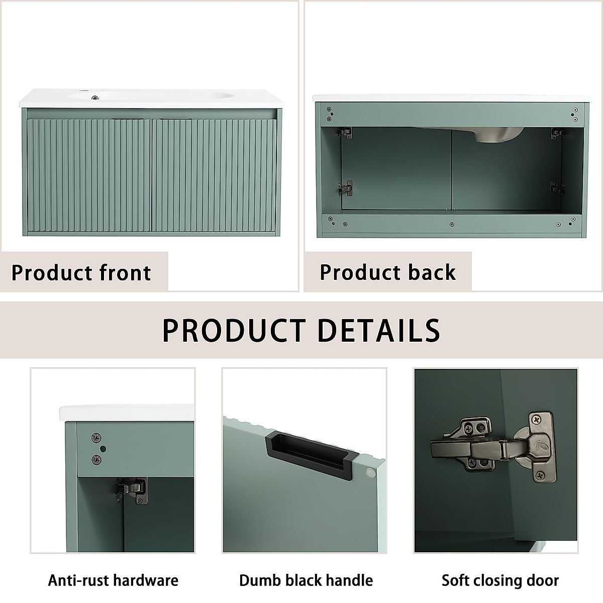 36" Wall Mounted Bathroom Vanity and Sink Combo, Floating Bathroom Vanity Storage Cabinet Set with Drop-Shaped Resin Sink Top & Soft Close Door Modern Bathroom Vanity Set for Small Space, Green