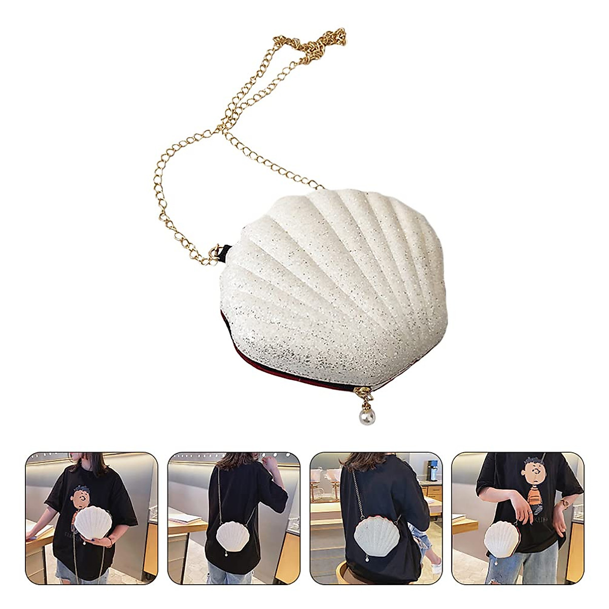 ABOOFAN 1pc Women' s Shell Pearl Crossbody Purse Shiny Seashell Chain Handbag (White)