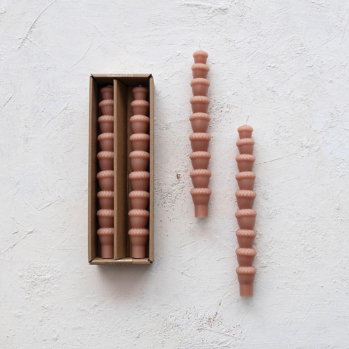 Creative Co-Op Unscented Acorn Shaped Taper Candles in Box, Tan, Set of 2