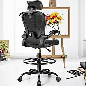 AtHope Drafting Chair, Tall Office Chair with 3D Lumbar & Head Support, Ergonomic Mesh Standing Desk Chair with Footring, Comfy Extended High Desk Chair with Flip-Up Arms & Hanger (Black)